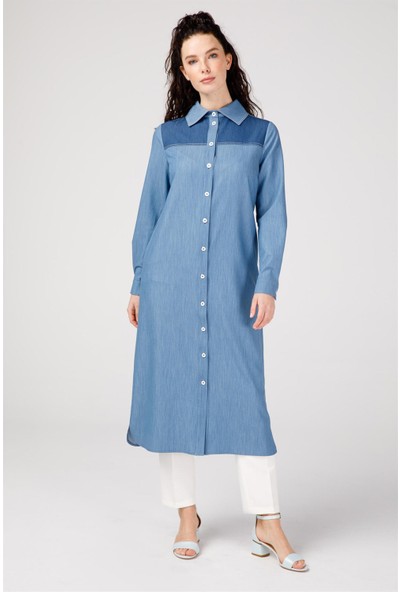Esswaap Önü Düğmeli Kot Tunik Mavi