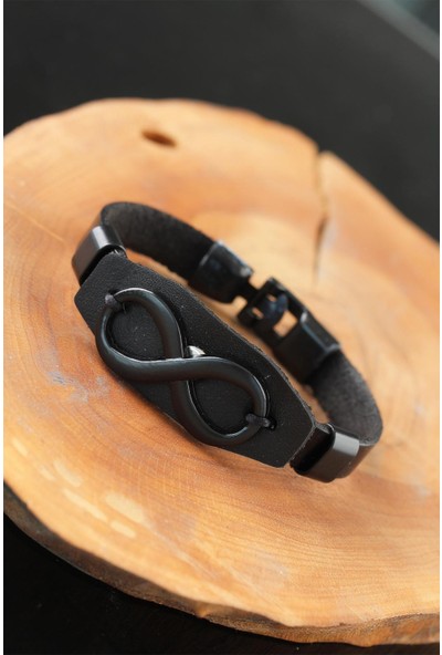 Giraffe Sonsuzluklu Metal Aksesuarlı Siyah Deri Erkek Bileklik