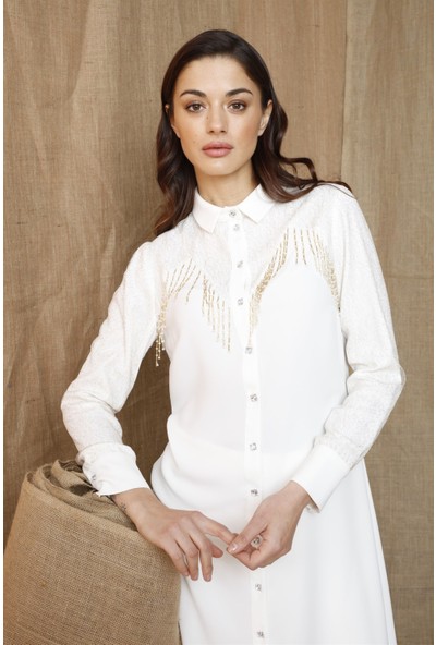 Esswaap Ekru - Önü Tüllü Boncuklu Abiye Gömlek