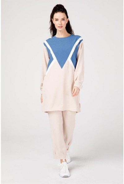 Esswaap Önü Üçgen Kombinli Tunik Beli Lastikli Pantolonlu Takım Indigo