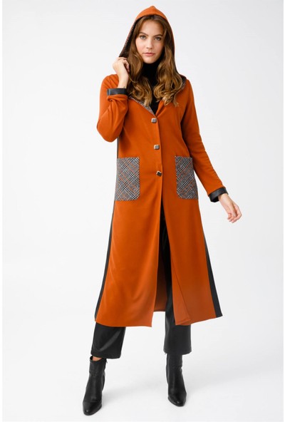 Esswaap Ekose Garnili Kapişonlu Çıt Çıt Detaylı Hırka Kiremit