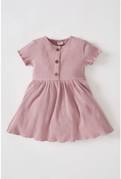 DeFacto Kız Bebek Bisiklet Yaka Düğmeli Kısa Kollu Fitilli Kaşkorse Elbise W9240A222SP DeFacto Kız Bebek Bisiklet Yaka Düğmeli Kısa Kollu Fitilli Kaşkorse Elbise W9240A222SP