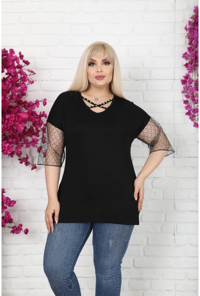 ModaSehle Kadın Siyah Kolları Taşlı Büyük Beden Bluz