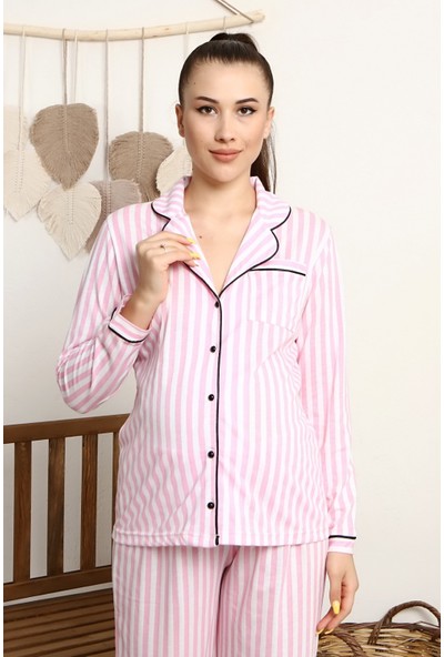 Ladymina Pembe Beyaz Çizgili Hamile Lohusa Pijama Takımı