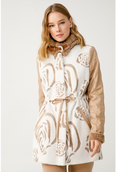 Ekol Kadın Dik Yaka Önü Desenli Kaban 6057039 Camel