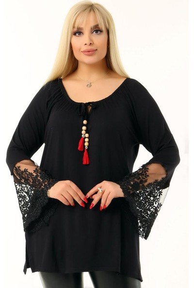 Kheos Özel Tasarım Kolu Volanlı ve Dantelli Bağcıklı Kayık Yaka Bluz