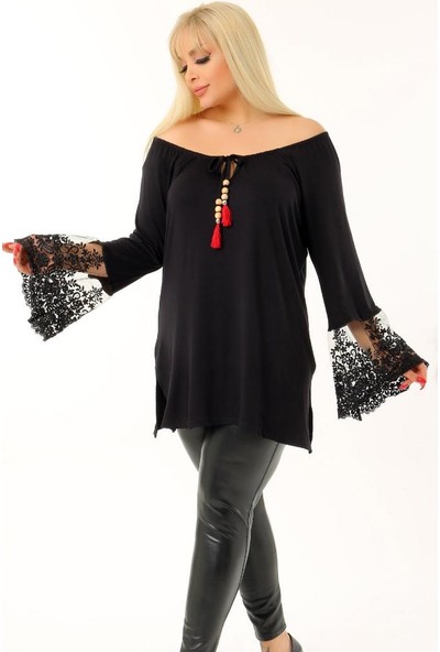 Kheos Özel Tasarım Kol Dantelli Boynu Bağcıklı Volanlı Kayık Yaka Tunik