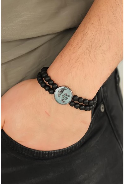 Giraffe Mavi Metal Üzerine Atatürk Portreli Çift Sıra Doğal Taş Erkek Bileklik