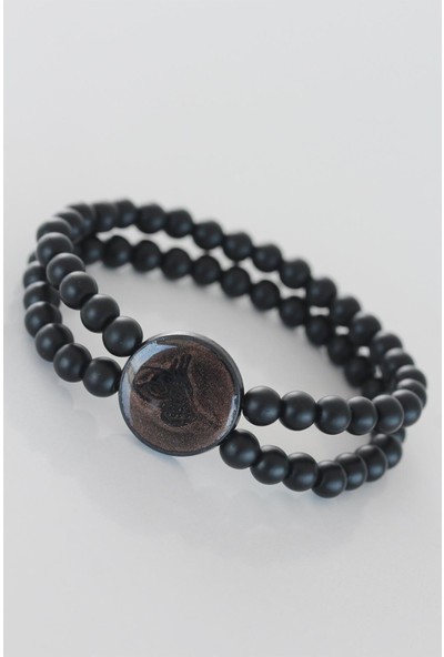 Giraffe Kahverengi Metal Üzerine Siyah Osmanlı Tuğra Figürlü Siyah Renk Çift Sıra Doğal Taş Erkek Bileklik