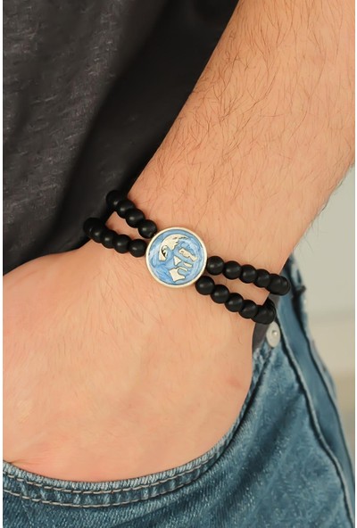 Giraffe Açık Mavi Metal Üzerine Silver Renk Atatürk Portreli Çift Sıra Doğal Taş Erkek Bileklik