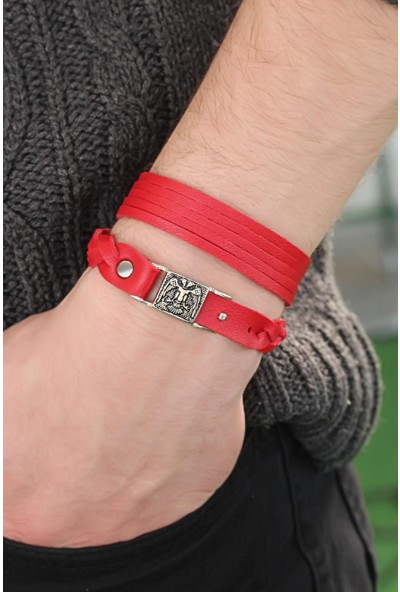Giraffe Kırmızı Renk Deri Erkek Bileklik Kombin