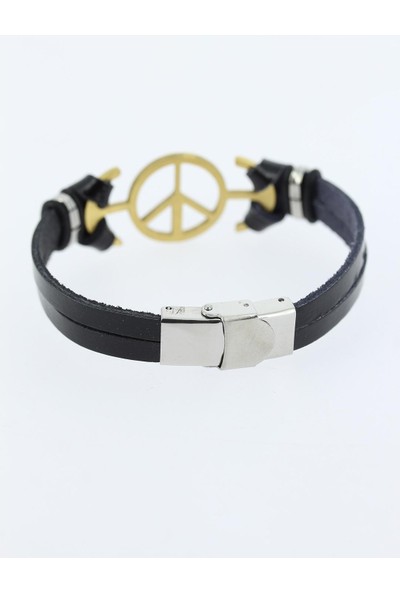 Giraffe Gold Renk Barış Figürlü Metal Aksesuarlı Siyah Renk Deri Erkek Bileklik