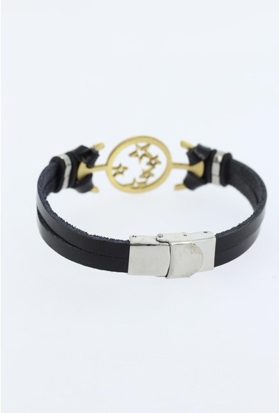 Giraffe Gold Renk Yıldız Figürlü Metal Aksesuarlı Siyah Renk Deri Erkek Bileklik