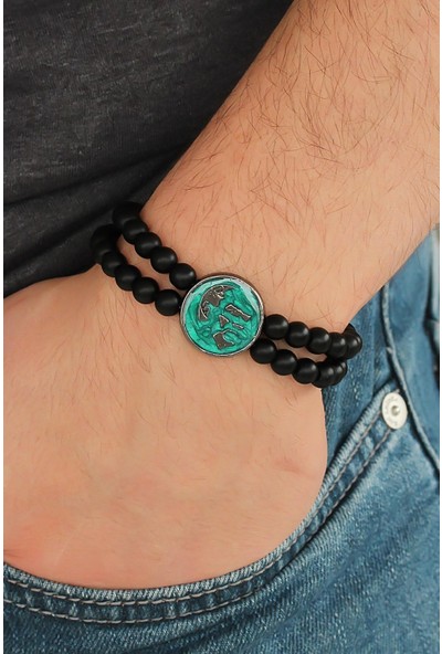 Giraffe Yeşil Metal Üzerine Atatürk Portreli Çift Sıra Doğal Taş Erkek Bileklik