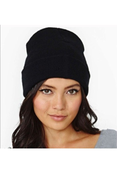 Güzeşte Kadın Siyah Tarz Soft Düz Örme Pamuklu Cool Basic Bere Şapka