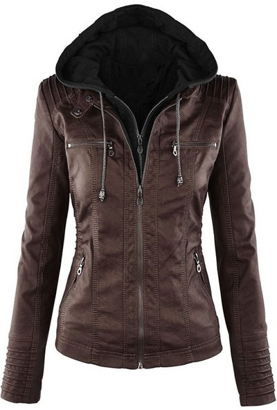 Vandor Girls Vandorgirls Kadın Pu Deri Ceket Motosiklet Zip Up Hoody Ceket Günlük Dış Giyim Kış (Yurt Dışından)