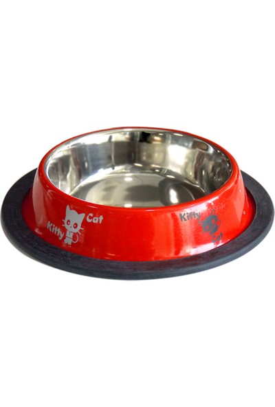 Durbuldum Tommy Kedi Desenli Çelik Mama Kabı Kırmızı 8 Oz