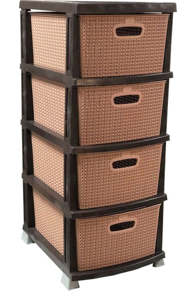 Romanoset Plastik Örgü Desenli Teak Plastik Sebzelik 4 Çekmeceli Komidin