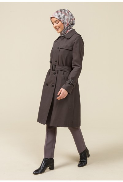 SETRMS Antrasit Kemerli Rüzgarlık Detaylı Uzun Trençkot 2213003