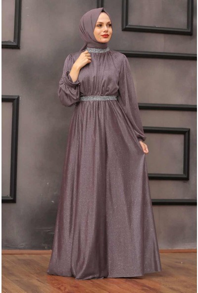 Neva Style Tesettürlü Abiye Elbise - Simli Lila Tesettür Abiye Elbise 5501LILA