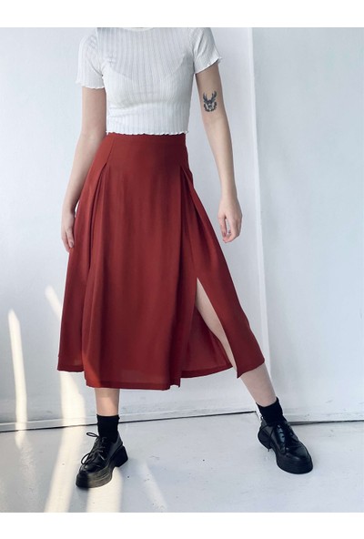 Retrobird Yırtmaçlı Yüksek Bel Etek Kadın Kiremit