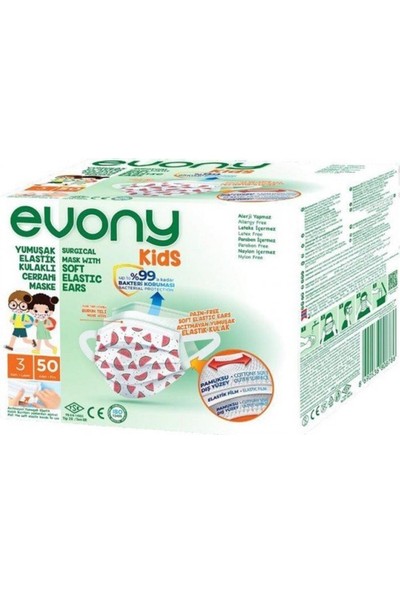 EVONY Yeşil Renk Evony Kids Elastik Kulaklıklı Cerrahi Çocuk Maskesi 50'li EVONY Yeşil Renk Evony Kids Elastik Kulaklıklı Cerrahi Çocuk Maskesi 50'li