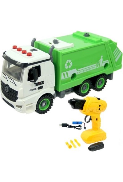 Can Oyuncak Engineering Series Kumandalı Şarjlı Sök Tak Iş Aracı ve Matkap Seti Bs-R1 1382-5 Çöp Kamyonu