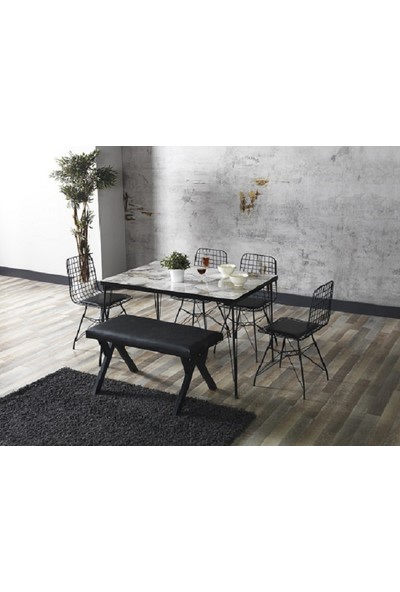 Trendy Assel Home Bendir Görünümlü Metal Ayaklı Mutfak Masası ve Bench Takımı Trendy Assel Home Bendir Görünümlü Metal Ayaklı Mutfak Masası ve Bench Takımı