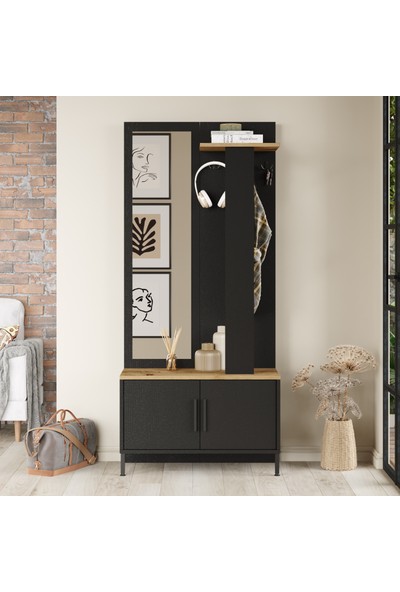 Robin Home Luna Vestiyer Portmanto Ayakkabıblık Çam- Siyah(Ağaç Dokulu)