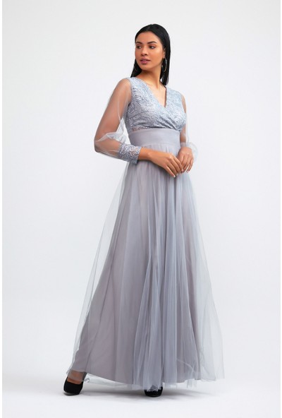Marselia Butik 38732 - Beli Piliseli Dantel Uzun Elbise - Gri ( Özel Seri)