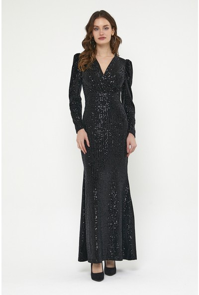 Marselia Butik Omuzları Büzgülü Uzun Kadife Elbise - Siyah (Tesettür Modele Uygundur)