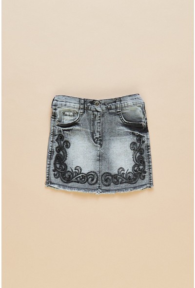 FullaModa Nakışlı Çocuk Kot Etek FullaModa Nakışlı Çocuk Kot Etek