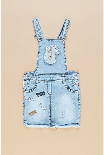 FullaModa Tik Tok Nakışlı Çocuk Kot Salopet