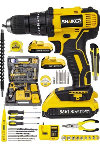 Snaiker Alman Technology 58 V 5 Ah Darbeli Çift Akülü Şarjlı Vidalama Matkap 32 Parça Hobi Set Snaiker Alman Technology 58 V 5 Ah Darbeli Çift Akülü Şarjlı Vidalama Matkap 32 Parça Hobi Set
