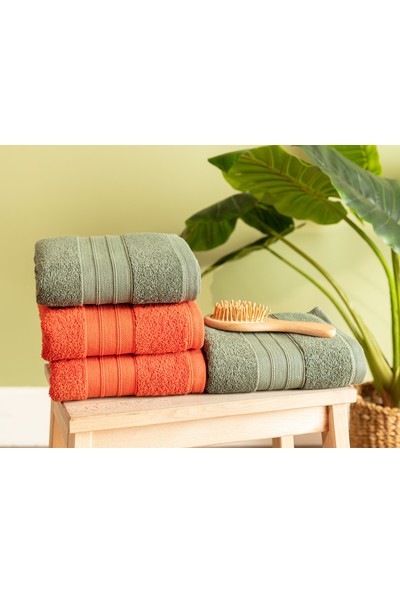 Madame Coco Fabrice Düz 4'Lü Yüz Havlu Seti - Turuncu / Yeşil