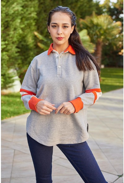 Lars Butik Kadın Gri Kiremit Erkek Yaka Kolej Sweatshirt