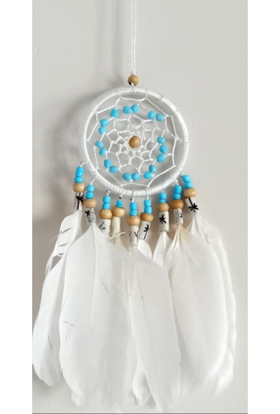 Mixperi Mavi Boncuklu Beyaz Kuş Tüylü Düş Kapanı Araba Süsü