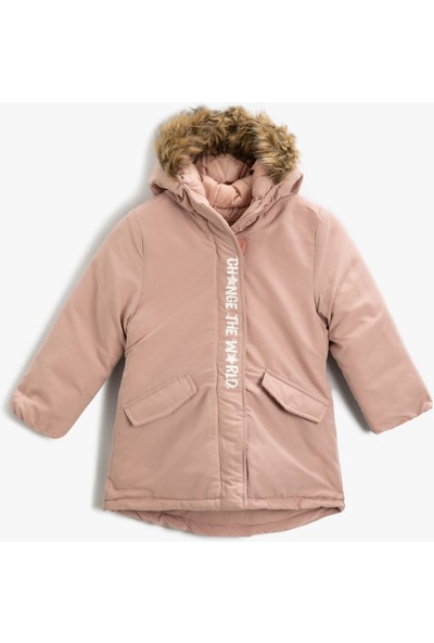 Koton Slogan Baskılı Suni Kürk Kapşonlu Mont