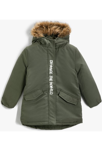 Koton Slogan Baskılı Suni Kürk Kapşonlu Mont