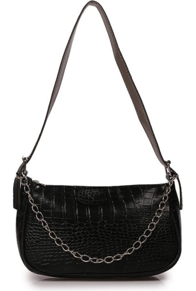 Madamlina Siyah Kadın Kroko Desenli Zincirli Baget