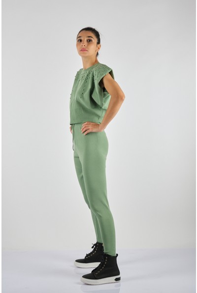 Rugu Bisiklet Yaka Incili Yarasa Kol Yeşil Kadın Takım PNK3094