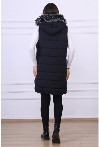 Gülseli Kapşonu Peluş Uzun Şişme Yelek