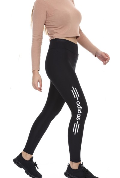Adidas Beyaz Çizgili Logolu Baskılı Model Siyah Renk Dalgıç Kumaş Kadın Tayt Adidas Beyaz Çizgili Logolu Baskılı Model Siyah Renk Dalgıç Kumaş Kadın Tayt