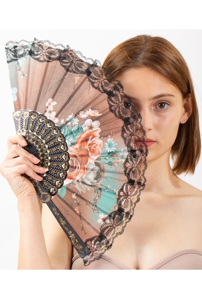 Araget Yelpaze Siyah Dantelli Kahve Tonu Çiçek Desenli Kına Gecesi Hediyesi
