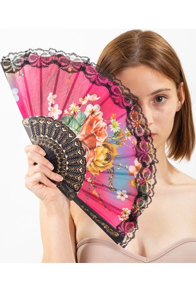 Araget Yelpaze Siyah Dantelli Pembe Çiçek Desenli Kına Gecesi Hediyesi