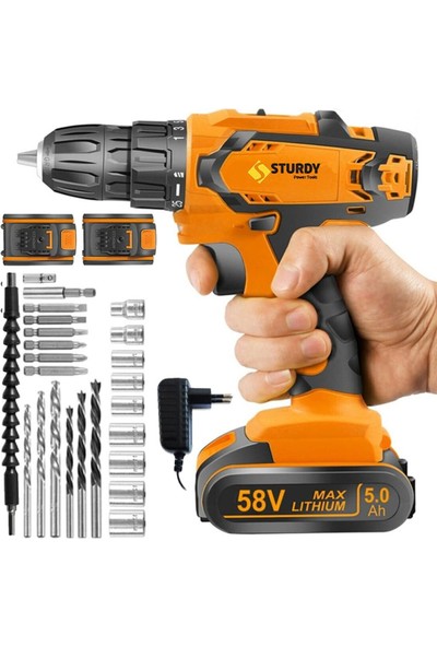 Sturdy Japon Technology 58V 8AH M-2 Metal Şanzıman Şarjlı Çift Akülü Vidalama 27PRÇ Uç Setli Sturdy Japon Technology 58V 8AH M-2 Metal Şanzıman Şarjlı Çift Akülü Vidalama 27PRÇ Uç Setli