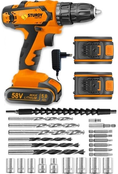 Sturdy Japon Technology 58V 8AH M-1 Metal Şanzıman Şarjlı Çift Akülü Vidalama 27PRÇ Uç Setli Sturdy Japon Technology 58V 8AH M-1 Metal Şanzıman Şarjlı Çift Akülü Vidalama 27PRÇ Uç Setli