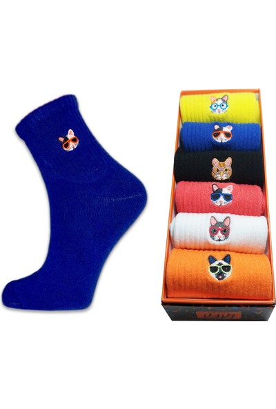 Lara Çorap Nakışlı Kedi Desenli Orta Boy 6'lı Kadın Soket Çorap (Özel Kutusunda) - Nkdkkx-22