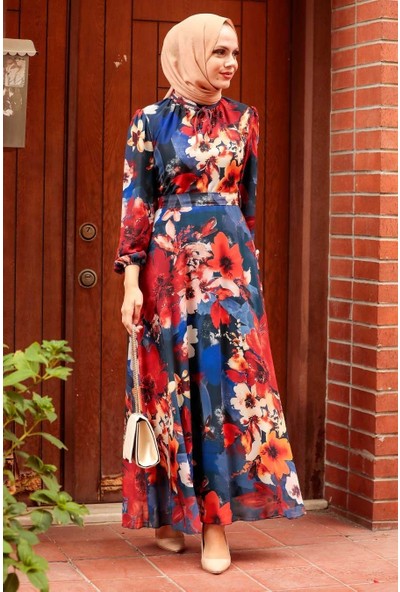 Neva Style - Çiçek Desenli Lacivert Tesettür Elbise 27925L Neva Style - Çiçek Desenli Lacivert Tesettür Elbise 27925L