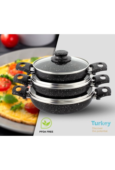 Dora Granitta Çift Kulp Siyah Gümüş Kapaklı Granit 3'lü Omlet Tava Seti Dora Granitta Çift Kulp Siyah Gümüş Kapaklı Granit 3'lü Omlet Tava Seti
